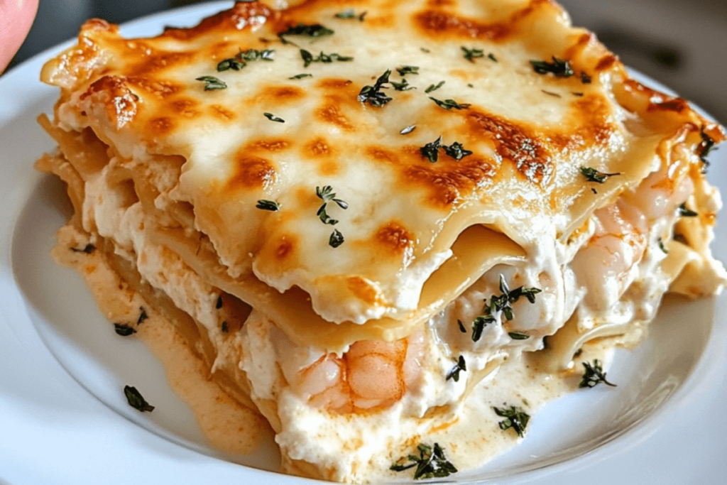 Creamy Shrimp Lasagna with White Sauce and Cheese