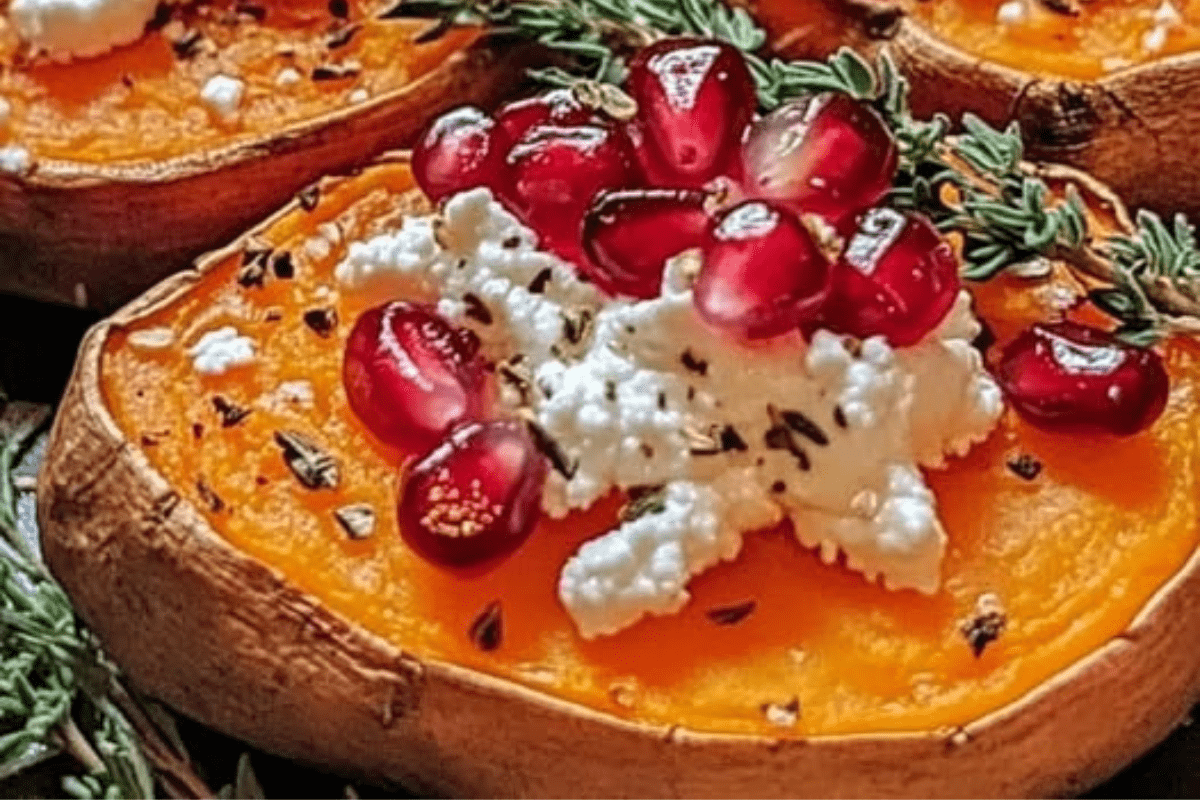 Roasted Sweet Potatoes with Goat Cheese & Pomegranate