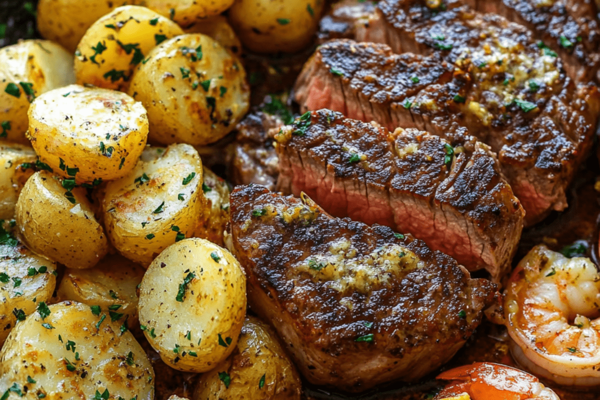 Steak with Shrimp and Garlic Butter Potatoes Recipe