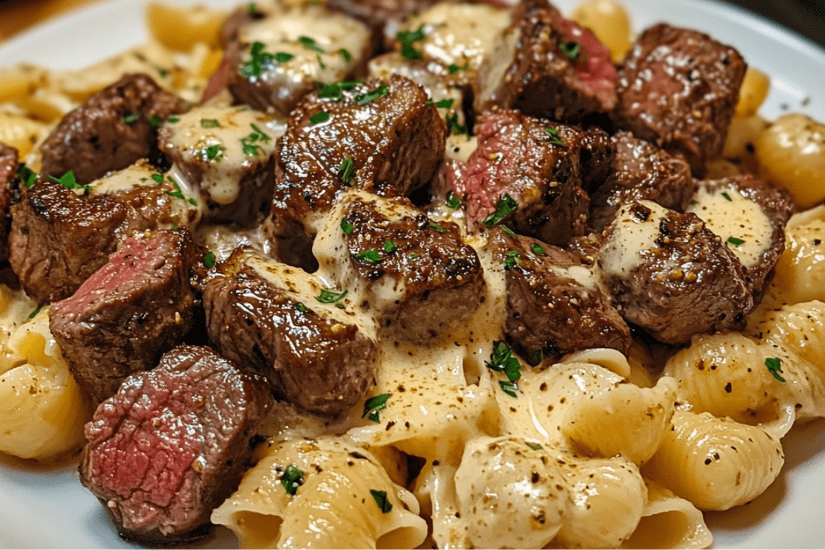 Garlic Butter Steak Bites & Creamy Parmesan Shells