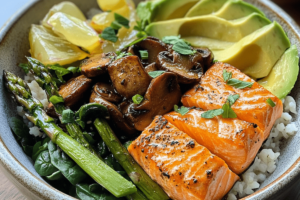 Salmon Power Bowl with Avocado, Asparagus..