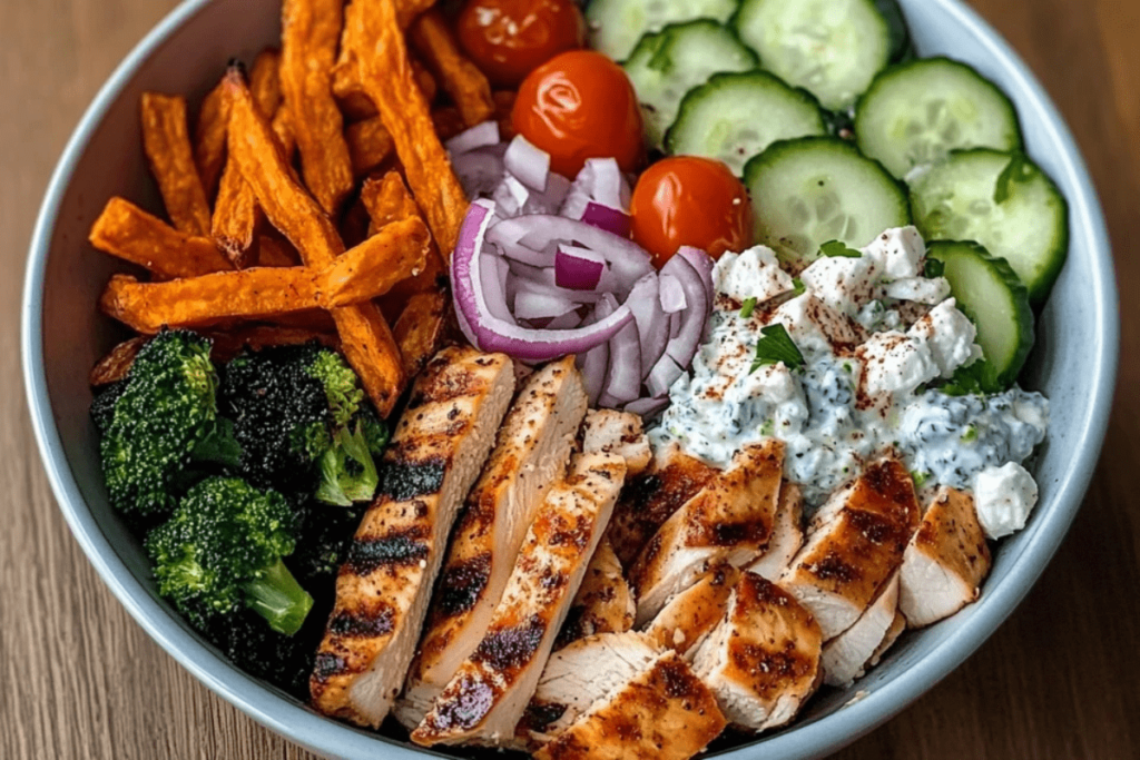 Grilled Chicken Power Bowl with Tzatziki & Sweet Potato Fries