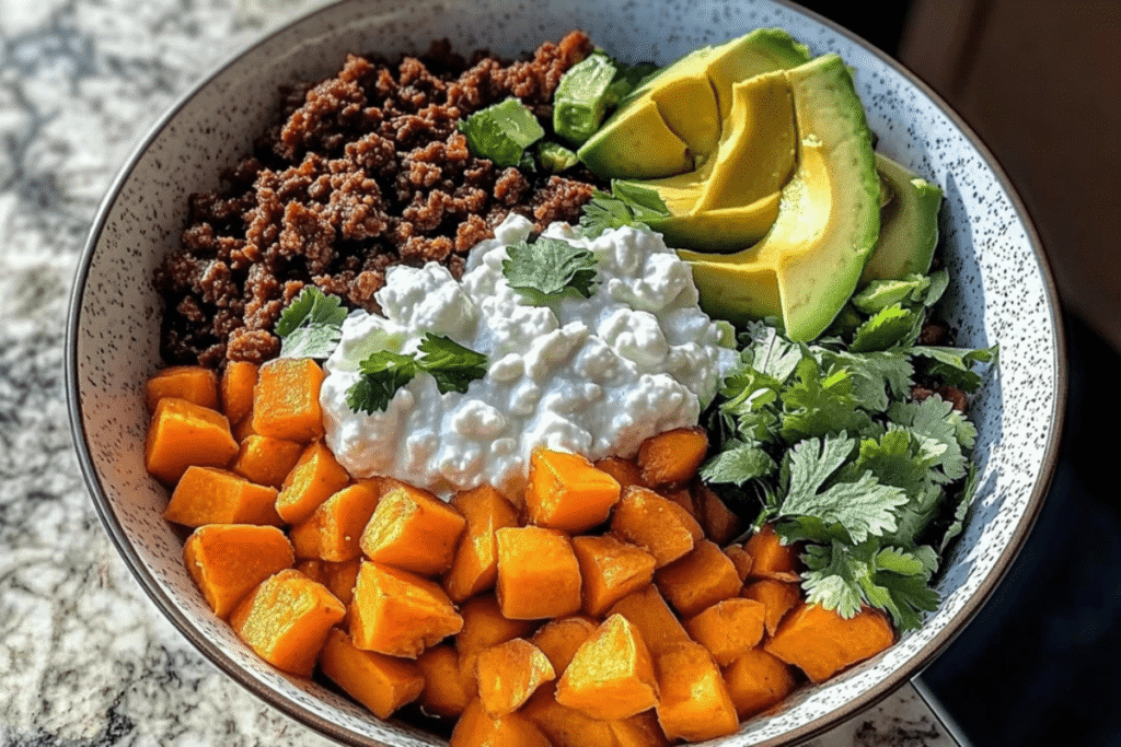 Hot Honey Taco Beef Bowl with Cottage Cheese & Sweet Potato