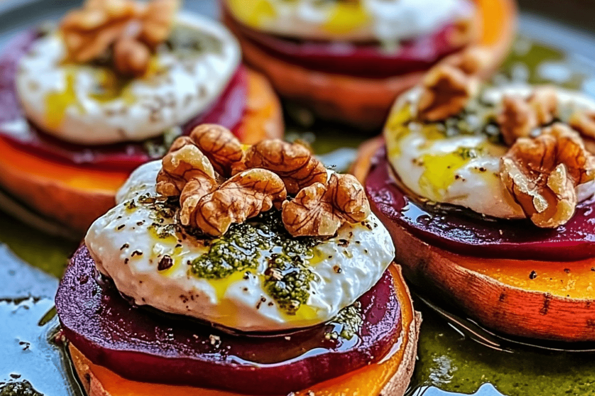 Sweet Potato Rounds with Burrata, Roasted Beets & Walnut-Sage Pesto